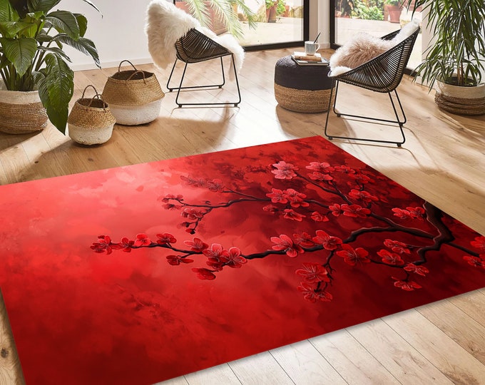Cherry Blossom Rug, Cherry Blossom Area Rug, Red Flower Rug, Floral Rug ...