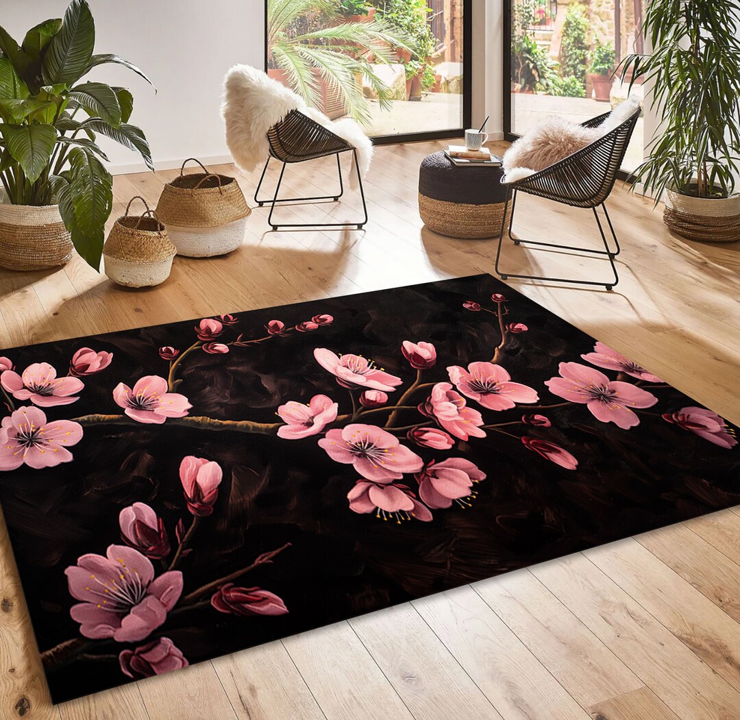 Cherry Blossom Rug, Cherry Blossom Area Rug, Pink Flower Rug, Floral ...