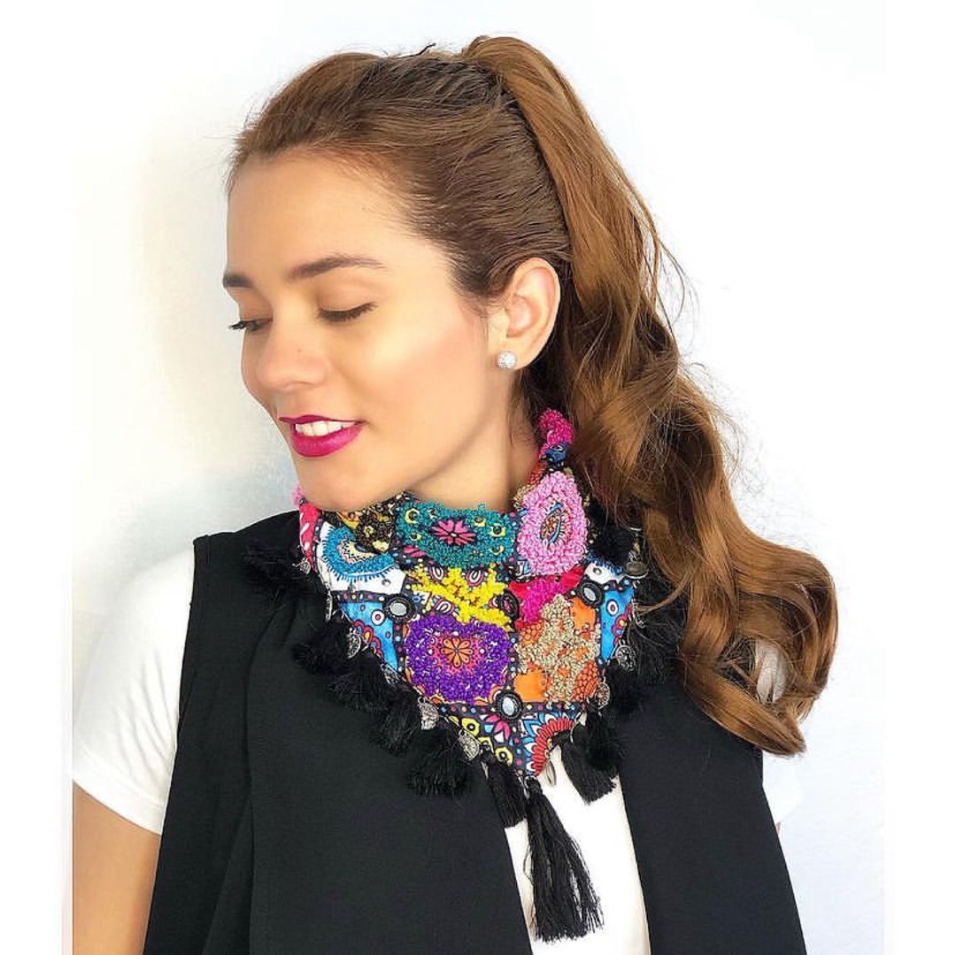 Handmade Embroidered Satin Silk Scarf With Crochet Mirrors, Tassels ...