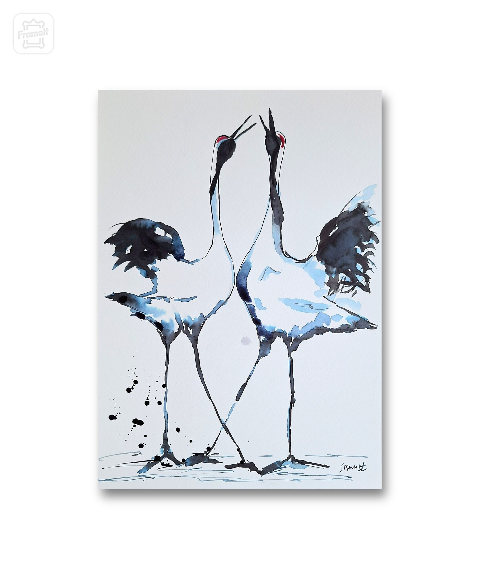 Dancing Cranes Art, Black White Blue Minimalist Wall Art Original ...