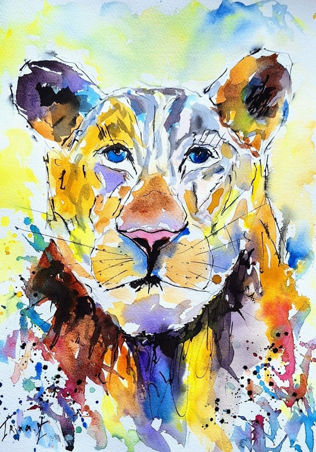 Colorful Lioness Art Watercolor Paint Wall Art - Single Painting Animal ...