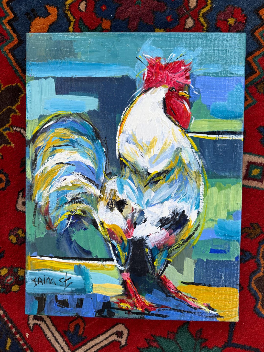 Colorful Rooster Oil Painting on Italian Canvas Stretched on a Wooden ...