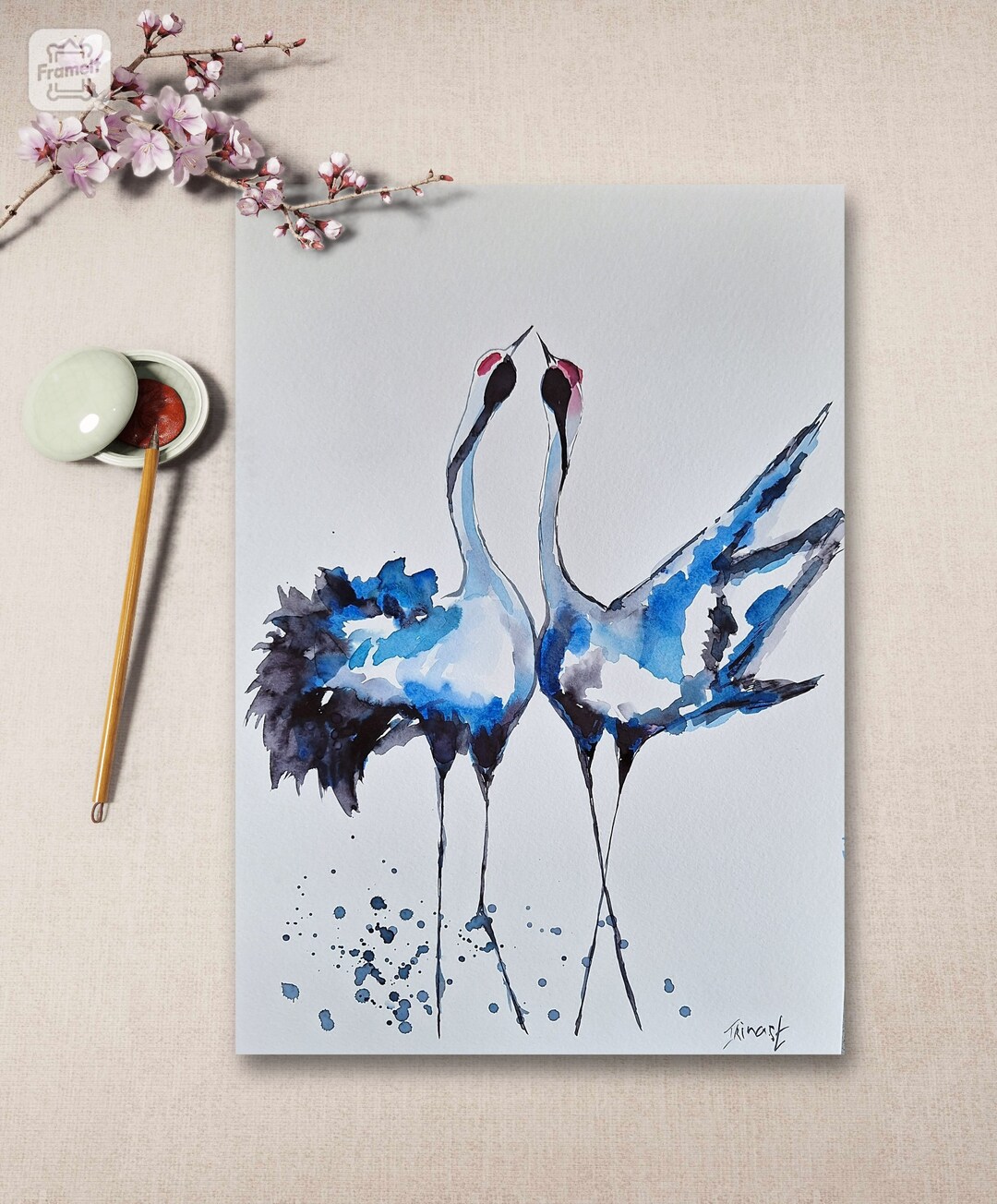 Blue Dancing Cranes Art, Black White Minimalist Wall Art Original ...