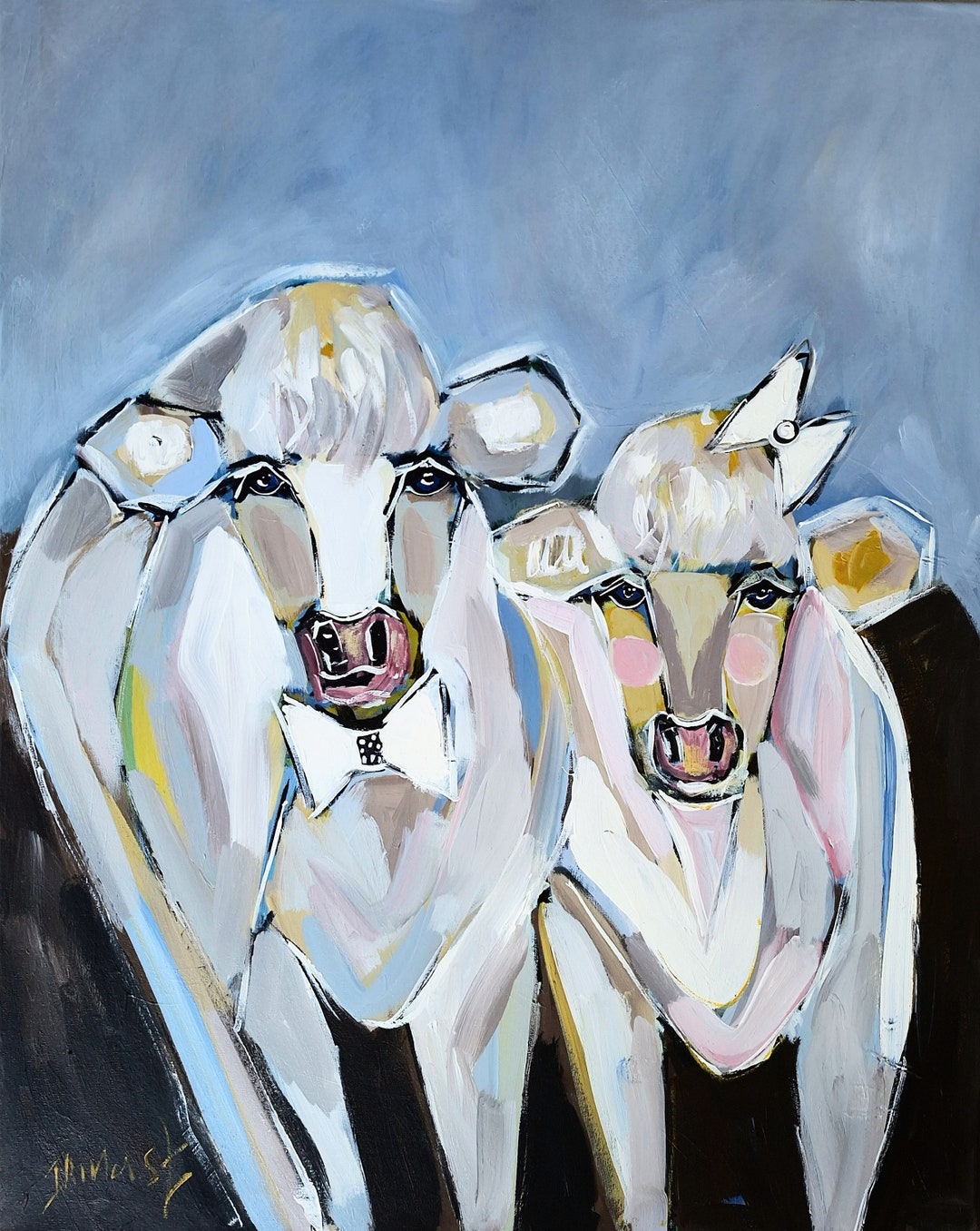 White Wedding Cows Painting: Original Art on Canvas (31.5/39.4 Inches ...