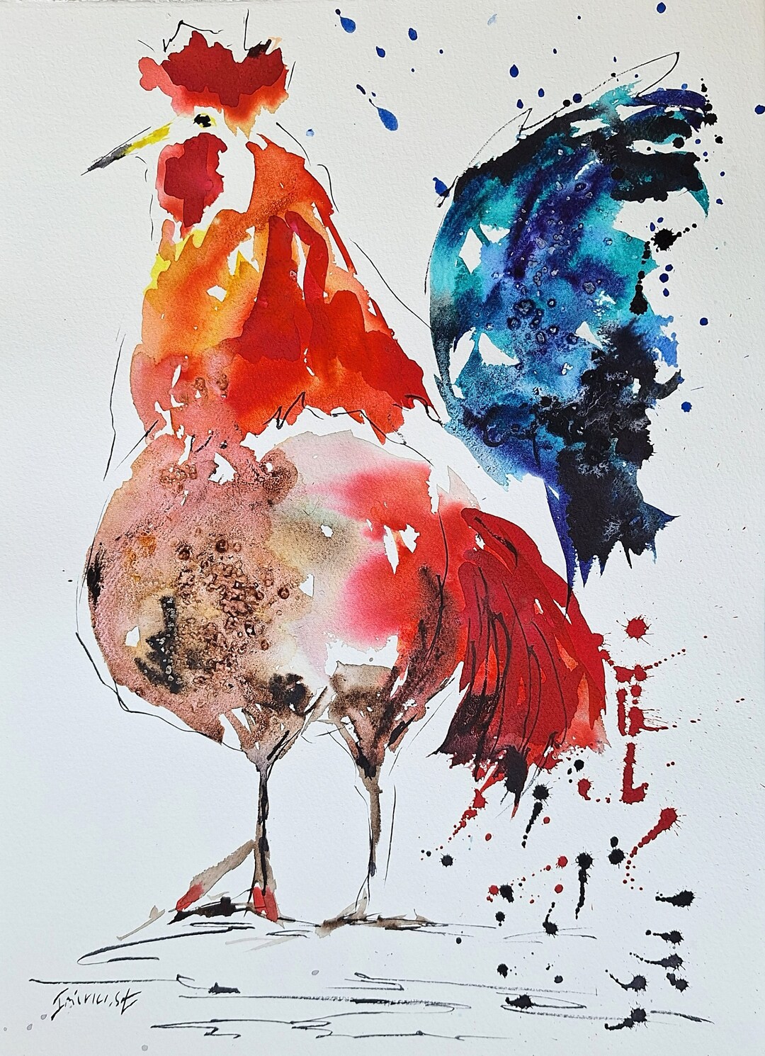 Colorful Rooster Watercolor Painting on Cotton Paper (11x15 Inches) - Etsy