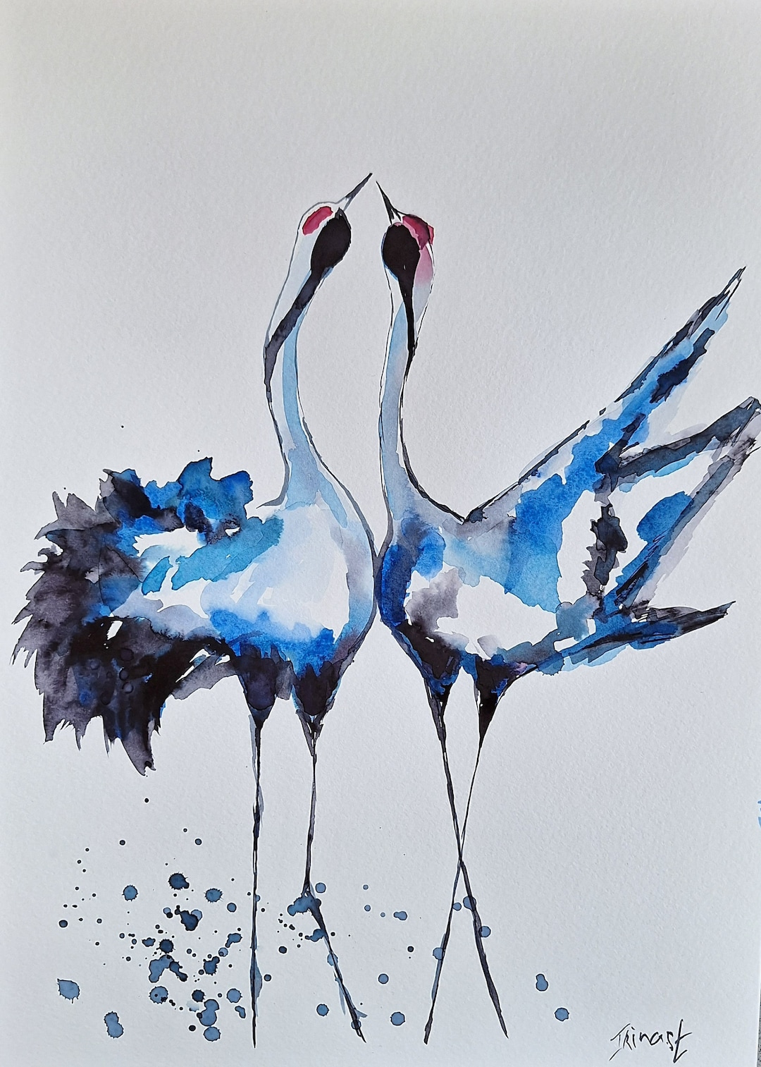 Blue Dancing Cranes Art, Black White Minimalist Wall Art Original ...