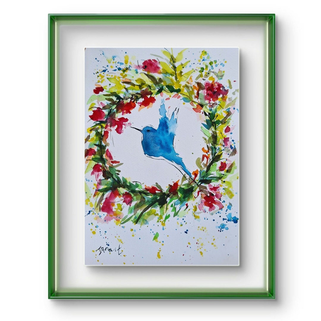 Blue Hummingbird Watercolor Painting on Cotton Paper - Original One-of ...