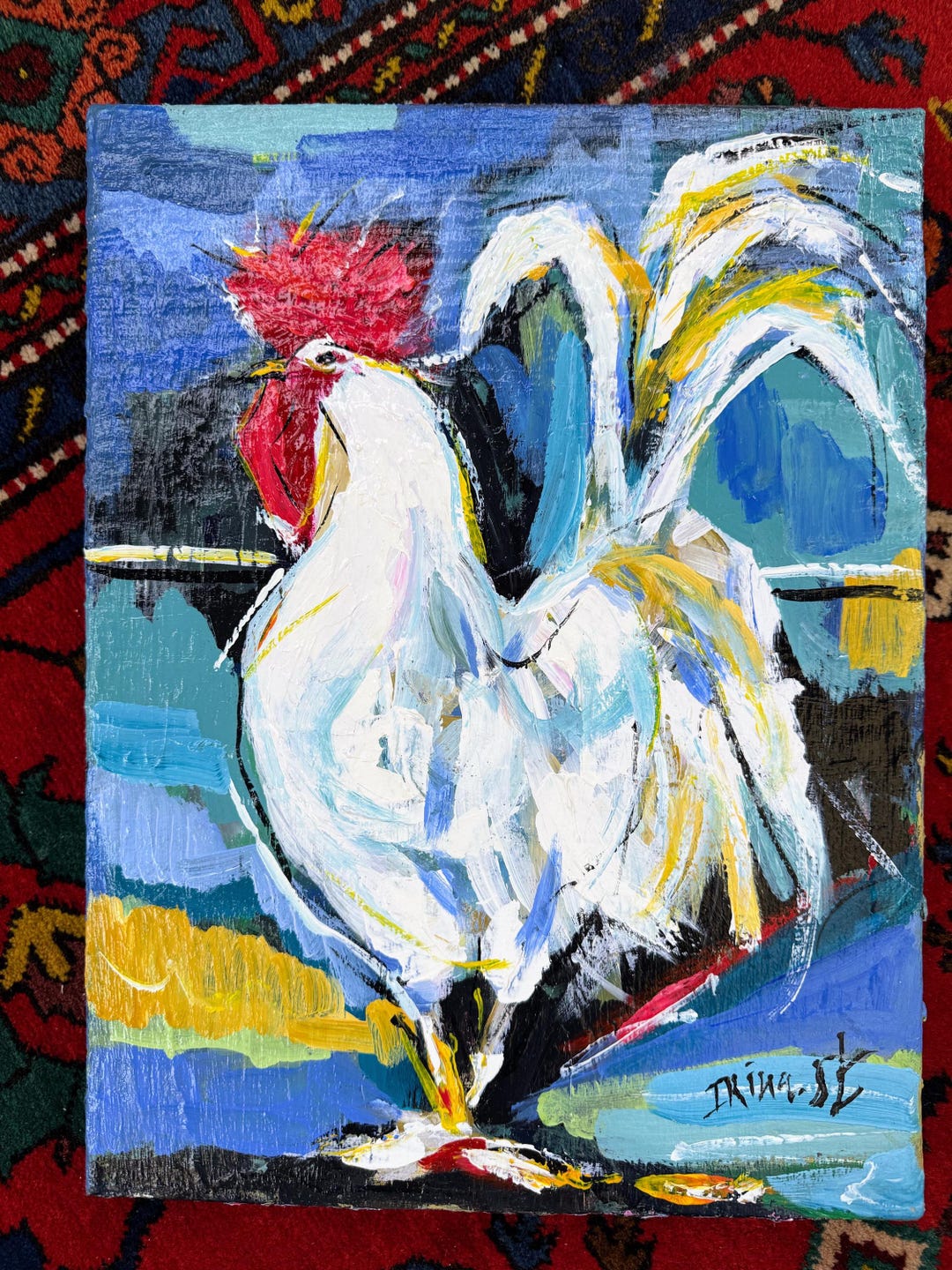 Colorful Rooster Oil Painting on Italian Canvas Stretched on a Wooden ...