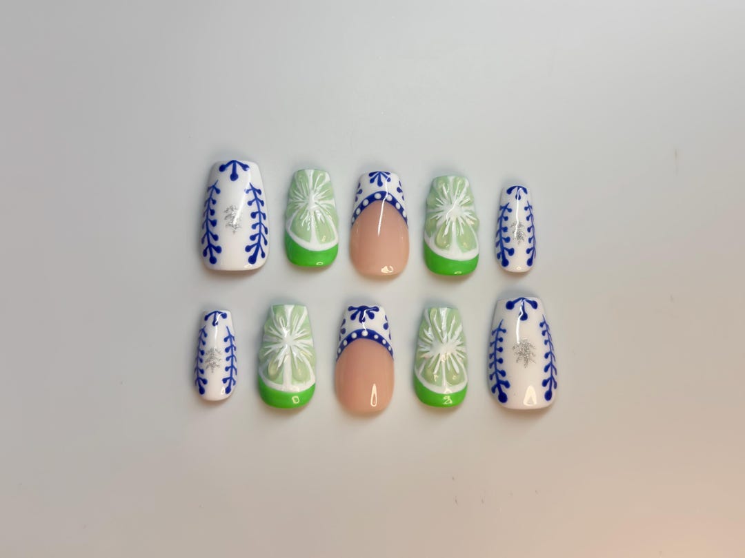 Blue Floral Tequila and 3D Lime Slice Design - Handmade Press-on Nails ...