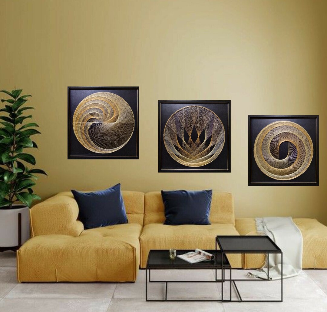 3 Piece Wall Art "golden Symmetry", String-art, 3-D Mandala String-art ...