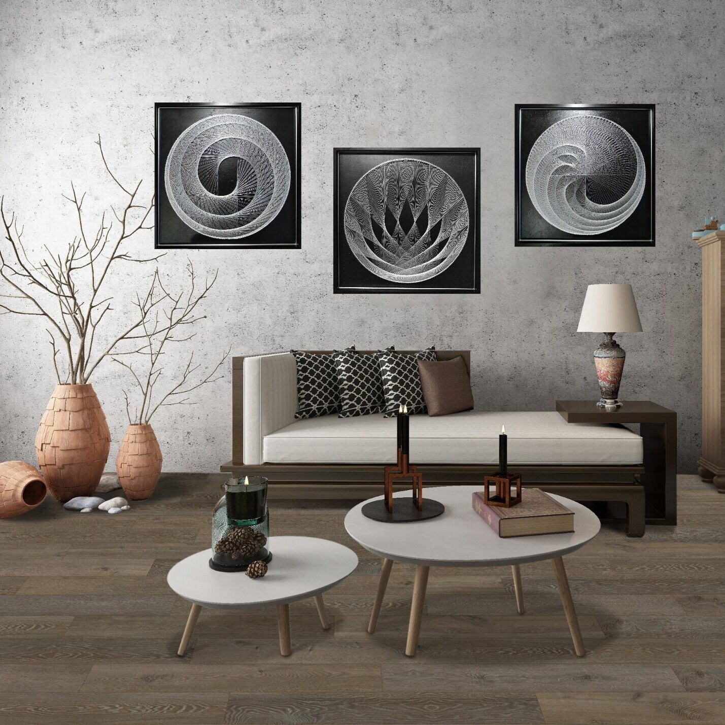 3 Piece Wall Art white Symmetry, String-art, 3-D Mandala String-art ...
