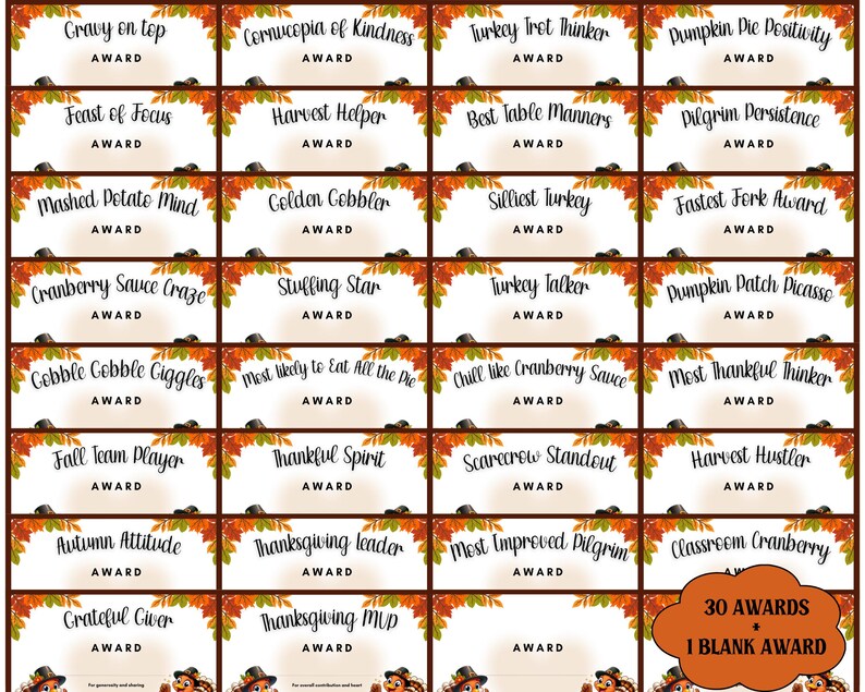 Classroom Award- Thanksgiving Classroom Awards, School Awards for Kids ...