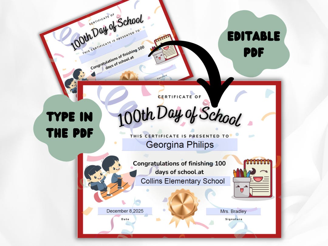 100th Day of School Award Certificates – 12 Color Options | Editable ...