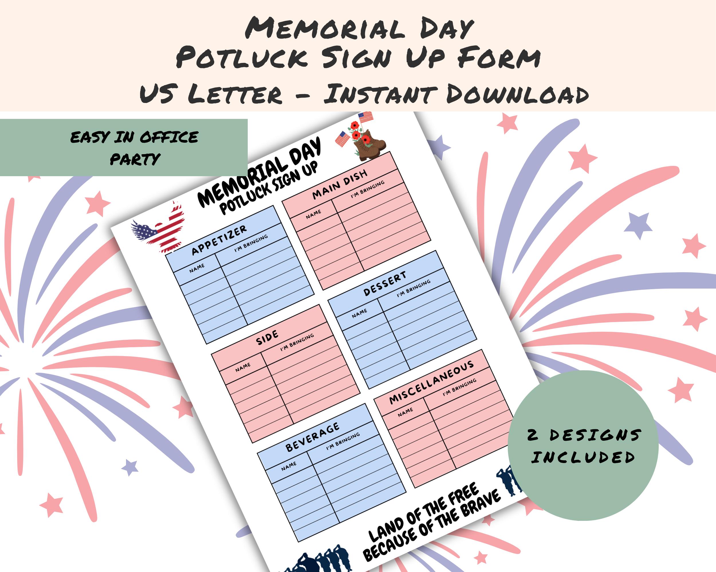 Memorial Day Potluck Sign up Sheet, Memorial Day Potluck Signup Form ...
