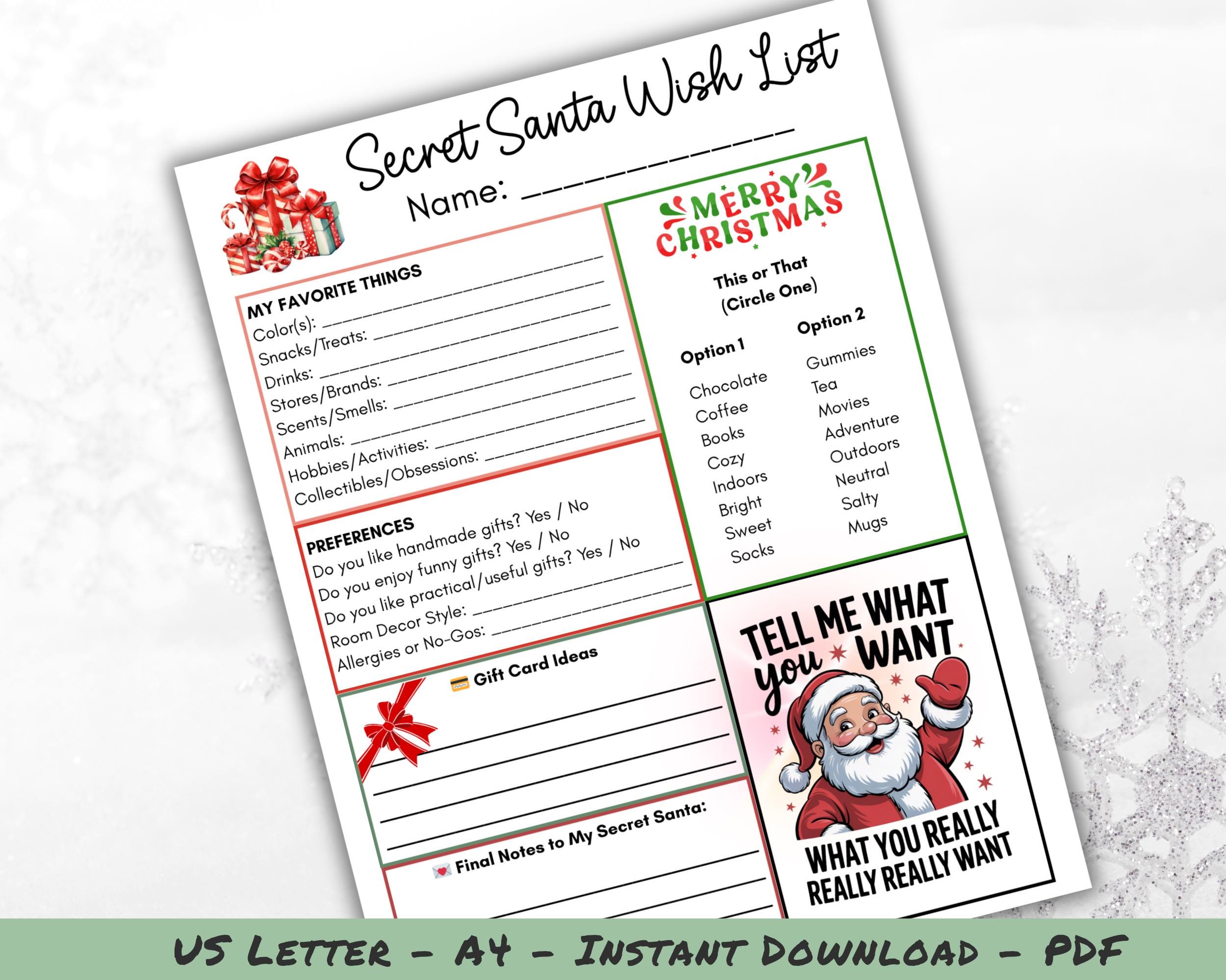 Secret Santa Wish List, Christmas Wishlist, Secret Santa Questionnaire ...