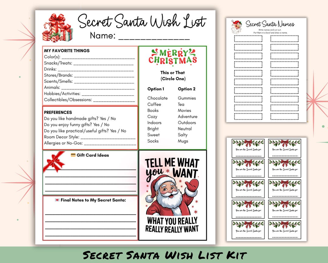 Secret Santa Wish List Kit, Christmas Wishlist, Secret Santa ...