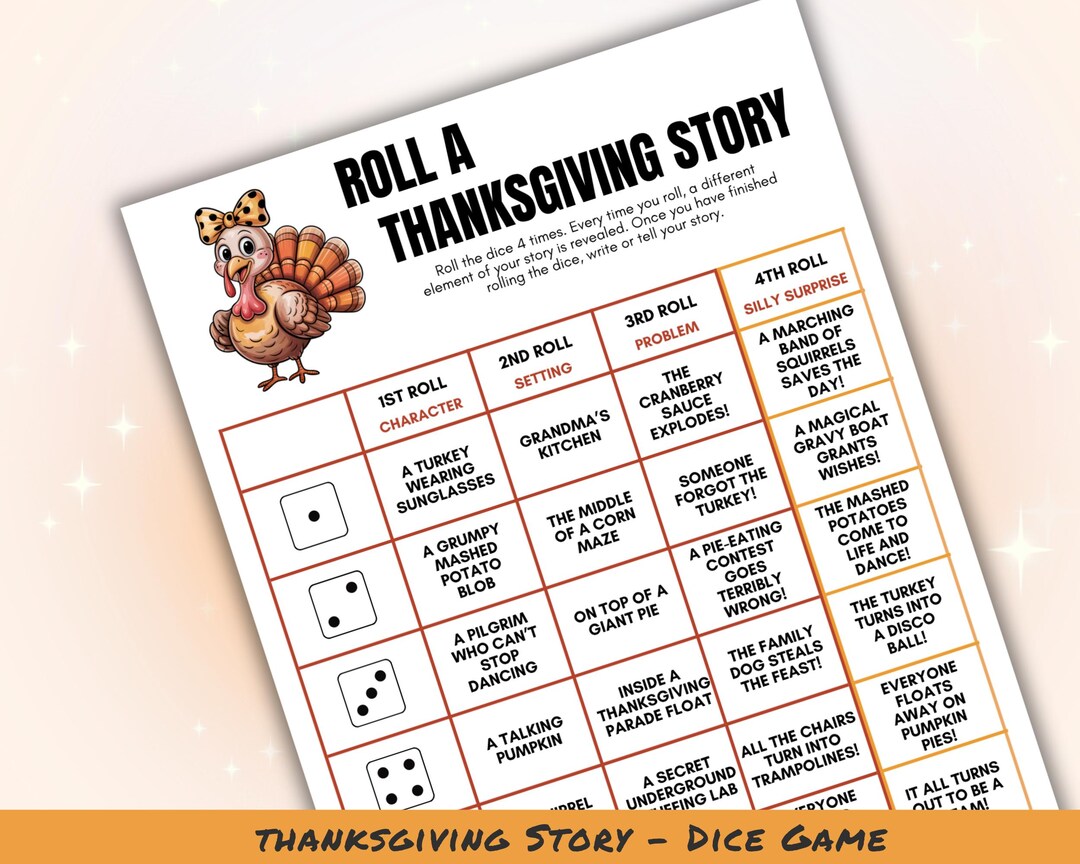 Roll A Thanksgiving Story Dice Game, Writing Worksheet, Thanksgiving ...