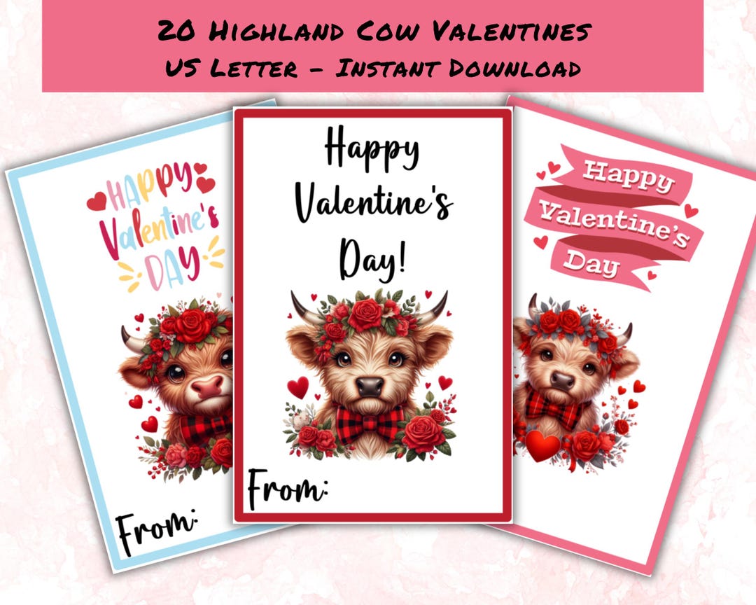 Highland Cow Valentine's Day Cards, Cute Holiday Tags, Coworker ...