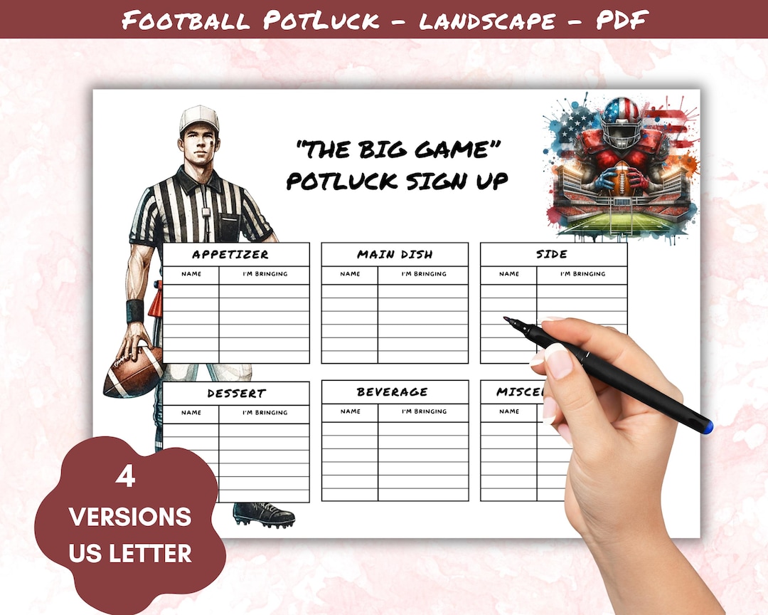 Football Potluck Sign up Sheet, the Big Game, Championship, Team Lunch ...