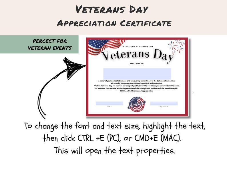 Editable Veterans Certificate of Appreciation, Honoring Military ...