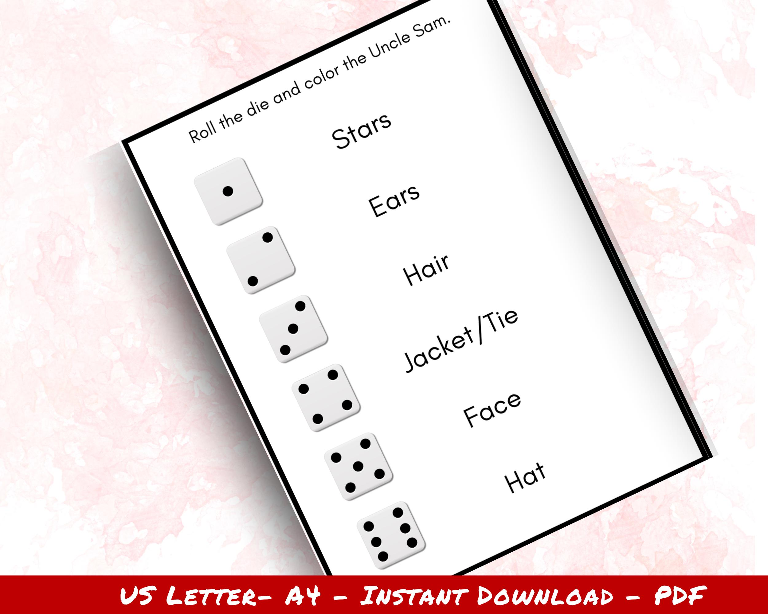 Roll-an-uncle Sam Dice Game – Printable Patriotic Activities, Dice Game ...