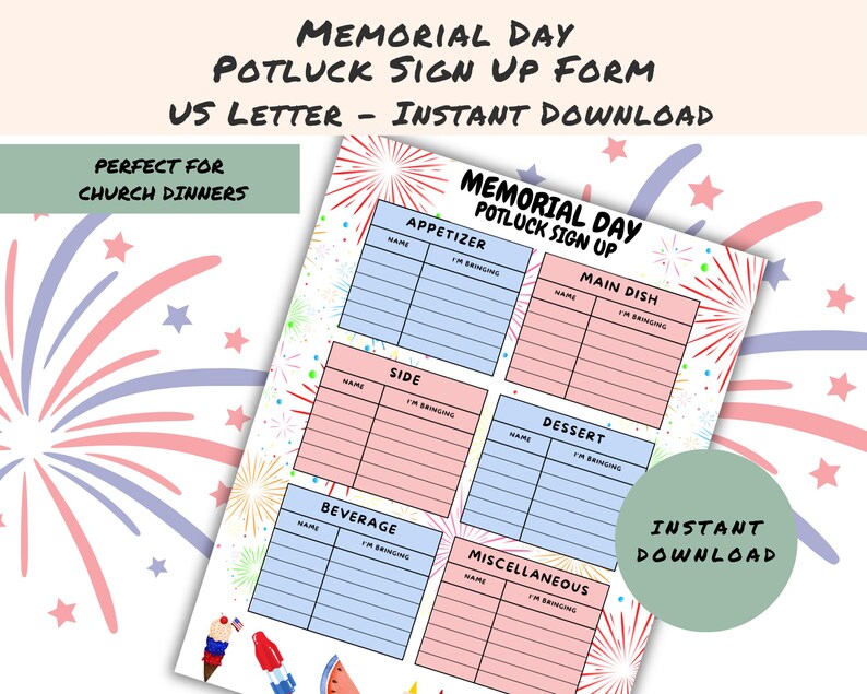 Memorial Day Potluck Sign up Sheet, Memorial Day Potluck Signup Form ...