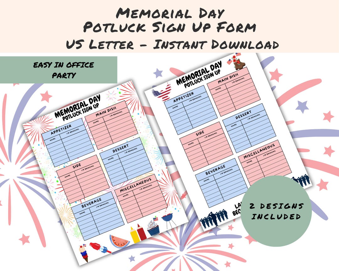 Memorial Day Potluck Sign up Sheet, Memorial Day Potluck Signup Form ...