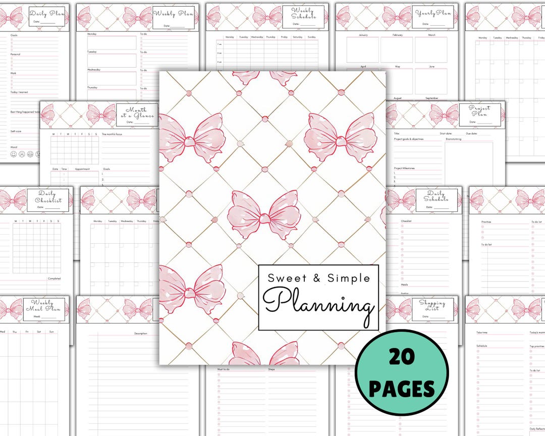 Sweet & Simple Large Pink Bow Planner Pages, Daily Checklist, Daily ...