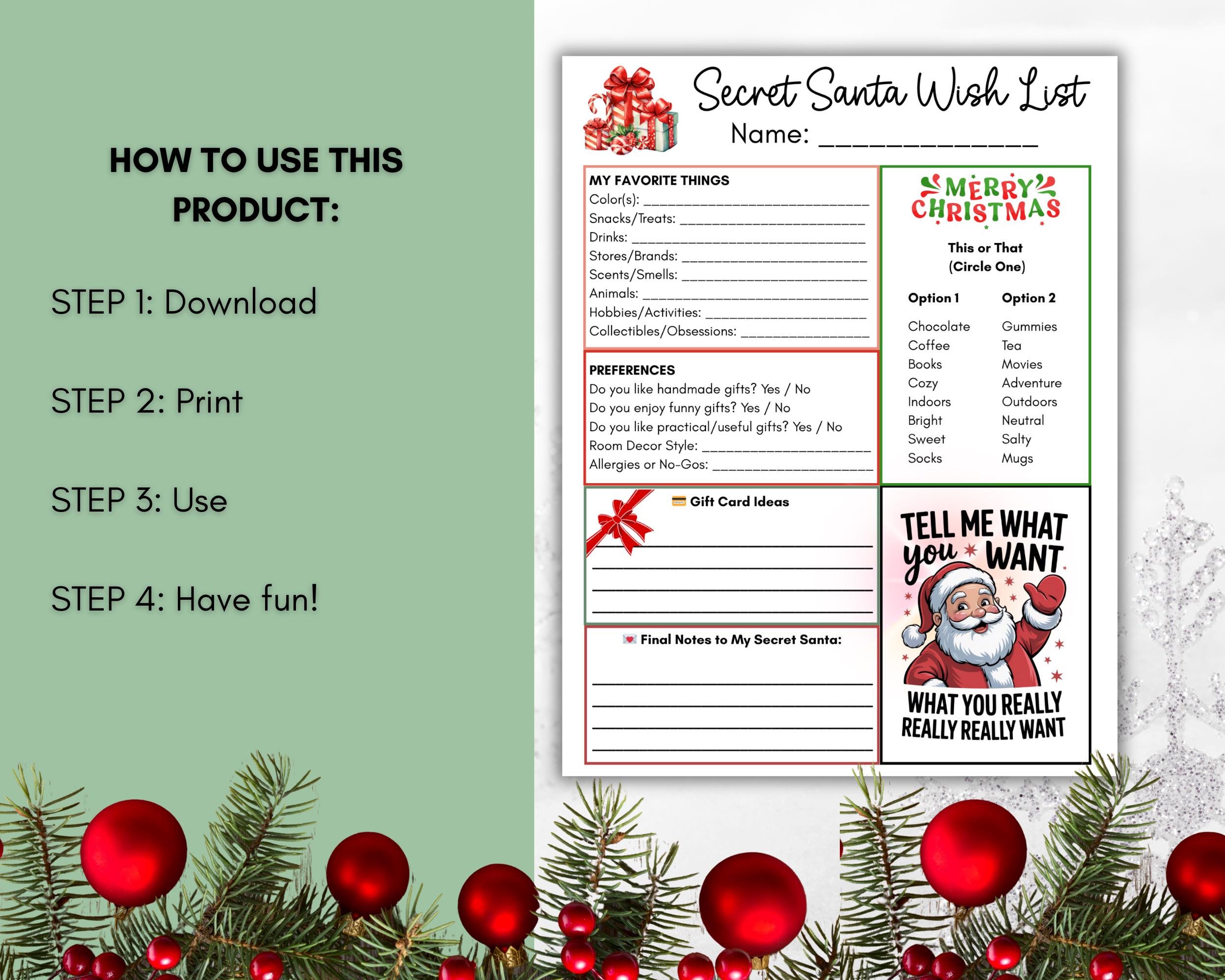 Secret Santa Wish List, Christmas Wishlist, Secret Santa Questionnaire ...