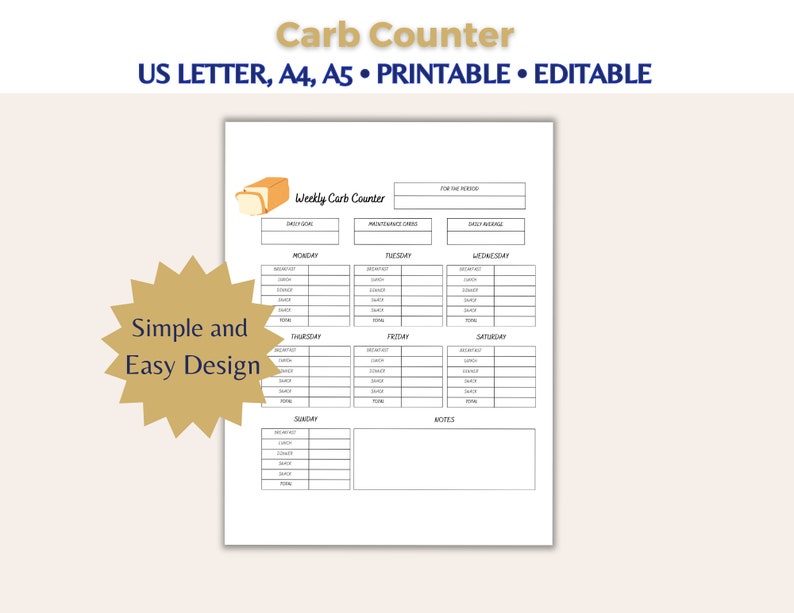 Weekly Carb Counter, Carb Tracker, Keto Diet, Carb Counting, Diet Log ...