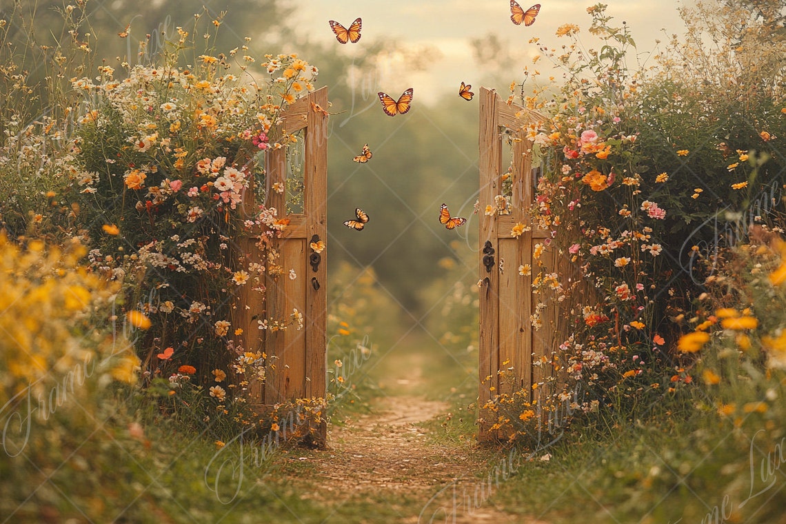 Wooden Gate With Butterfly in Flower Field Digital Background, Nature ...