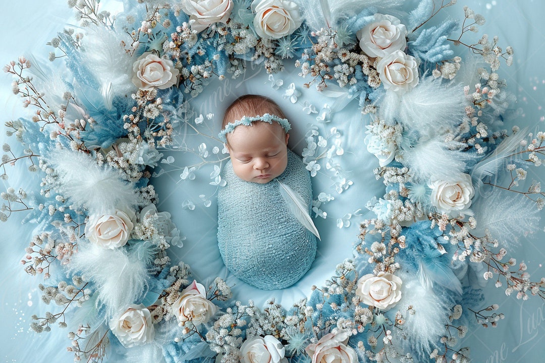Newborn Digital Background, Baby Girl Blue Flower and Feather,fine Art ...