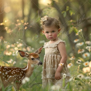 Little Fawn in Wood Digital Background, Flower Field, Fine Art Portrait ...