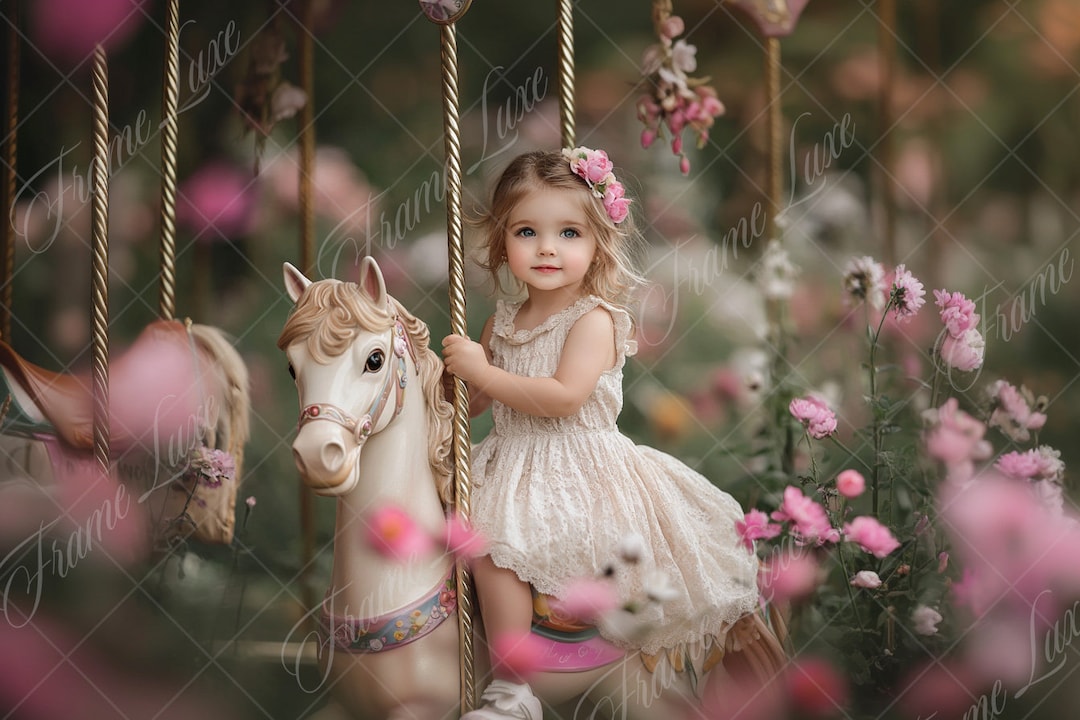 Fantasy Carousel Horse Digital Backdrop, Enchanting Flower Field ...
