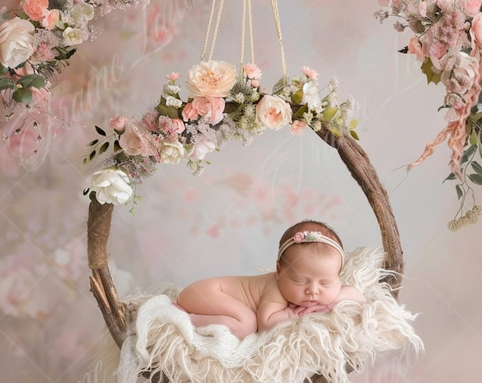 Newborn Digital Backdrop, Baby Girl Pink Cream Flowers, Spring Floral ...