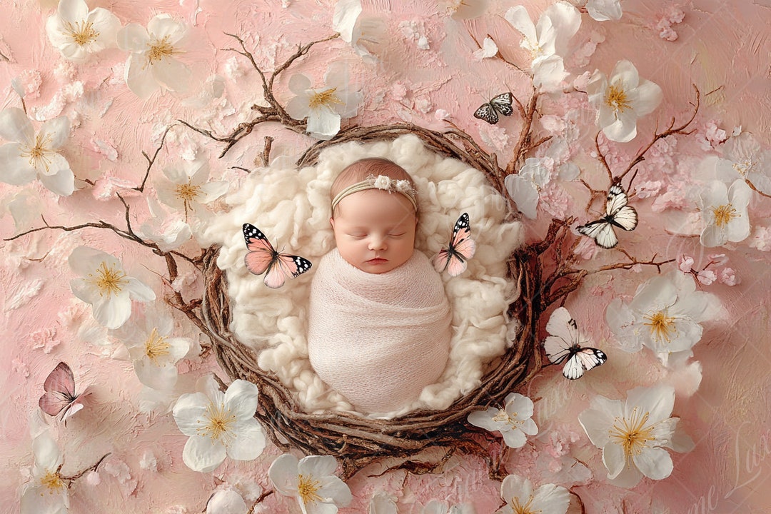 Newborn Digital Backdrop, Baby Girl Flower Nest With Butterfly, Fine ...