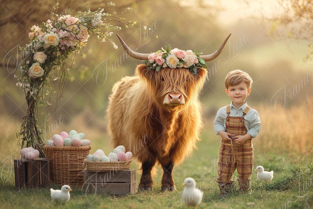Spring Highland Cow Digital Background, Easter Eggs, Fine Art ...