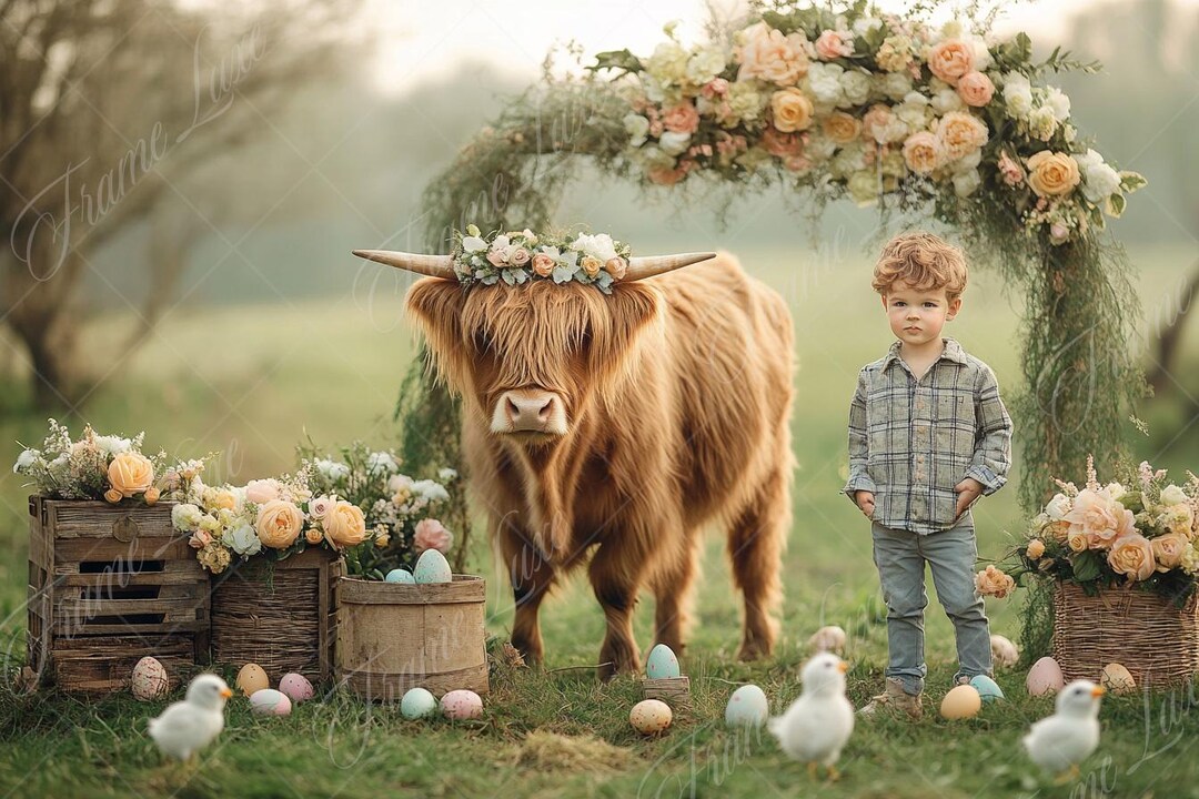 Spring Highland Cow Digital Background, Easter Eggs, Fine Art ...