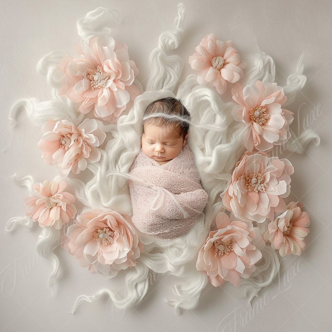 Newborn Digital Backdrop, Baby Girl Peach Cream Flowers, Spring Floral ...