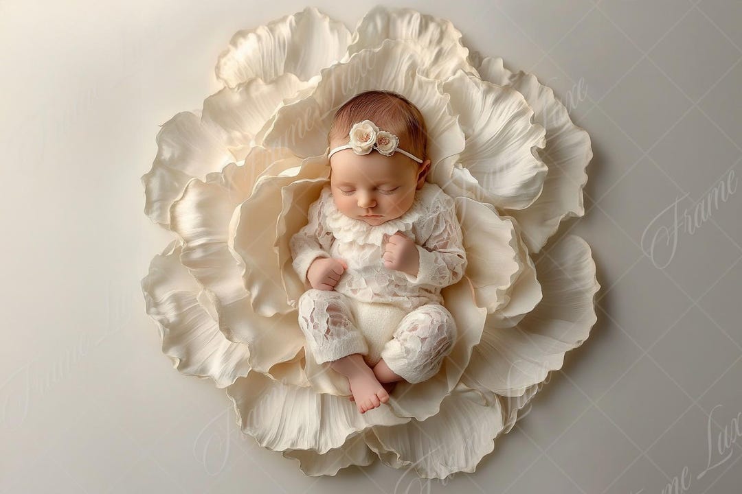 Newborn Digital Background, Baby Girl White Flower on Beige, Fine Art ...