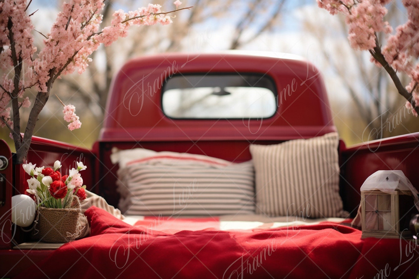 Valentines Spring Red Truck Digital Background, Fine Art Portrait ...