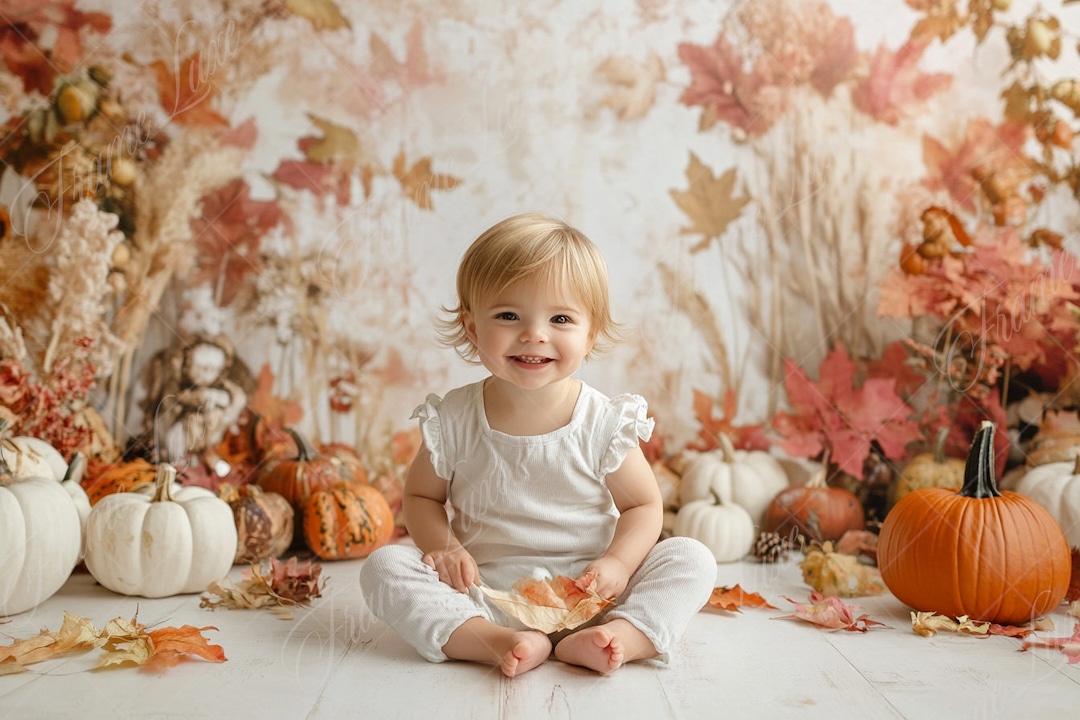 Autumn Pumpkin Studio Digital Background, Portrait Photography Backdrop, Fall White Room ...