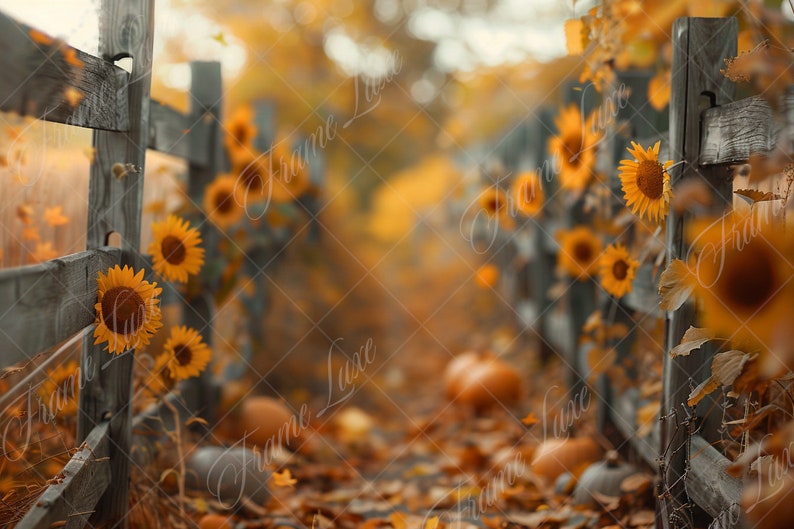 Autumn Sunflower Fence Digital Background, Fine Art Portrait ...