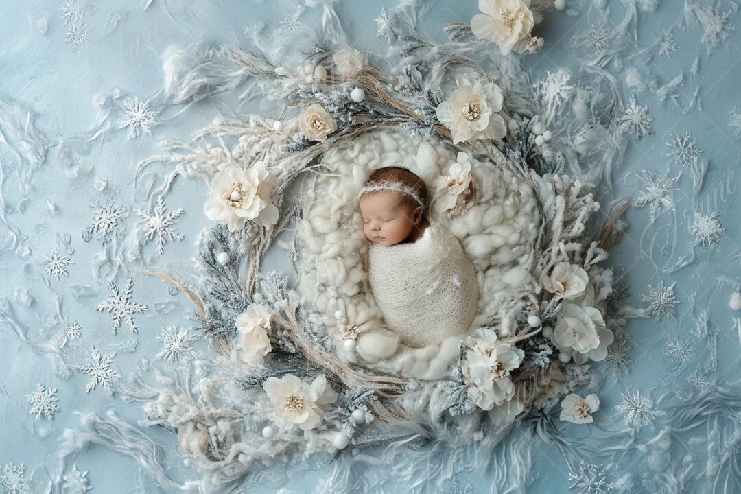 Newborn Digital Background, Baby Girl White Flower on Blue, Fine Art ...
