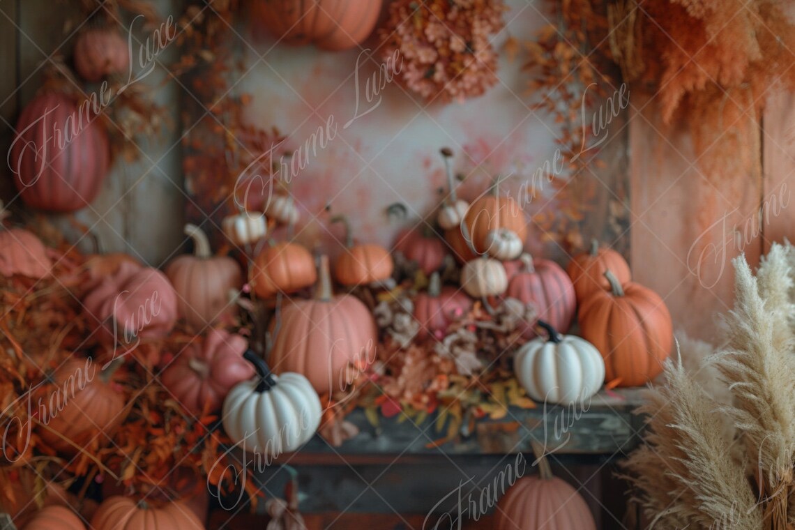 Pink Boho Pumpkin Patch Wall Digital Background, Fall Backdrop ...