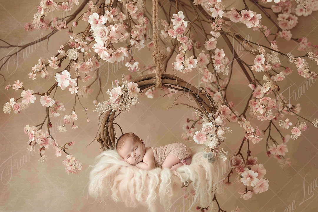 Newborn Digital Background, Cherry Tree Hoop on Beige, Baby Fine Art ...