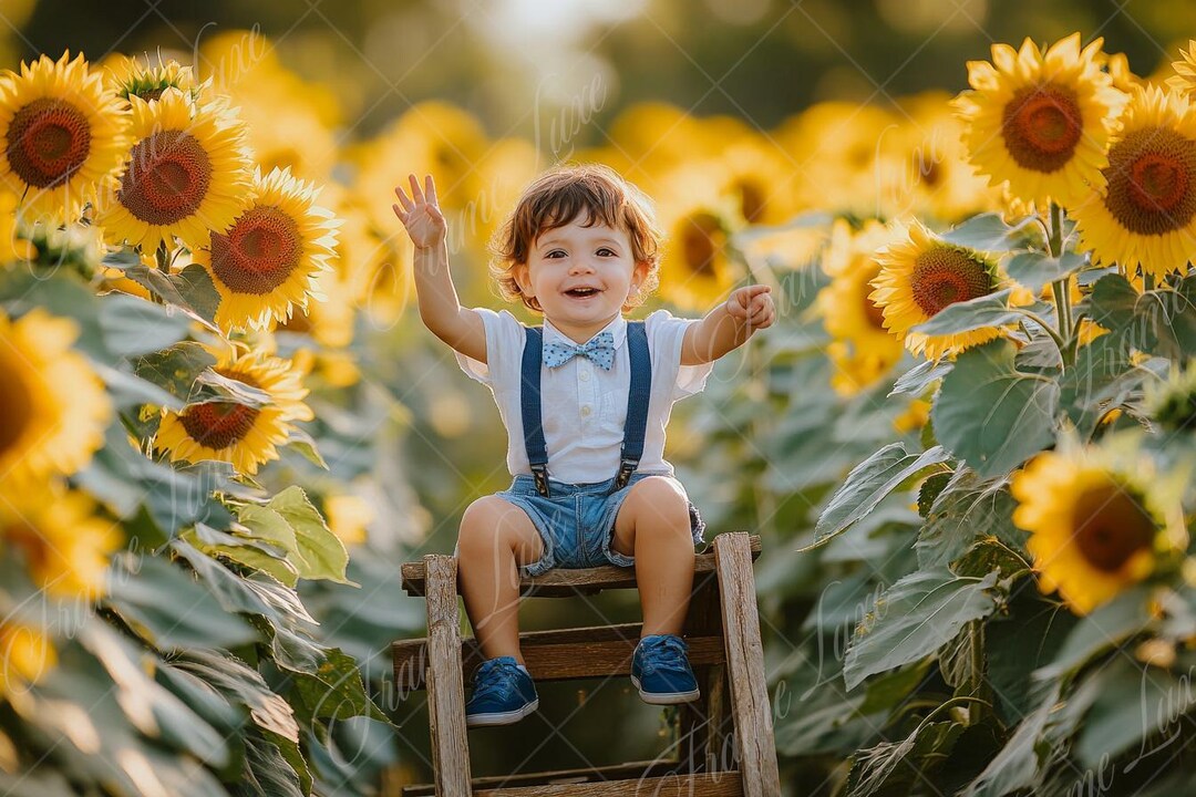 Wooden Ladder in Blooming Sunflower Field Digital Background, Fine Art ...