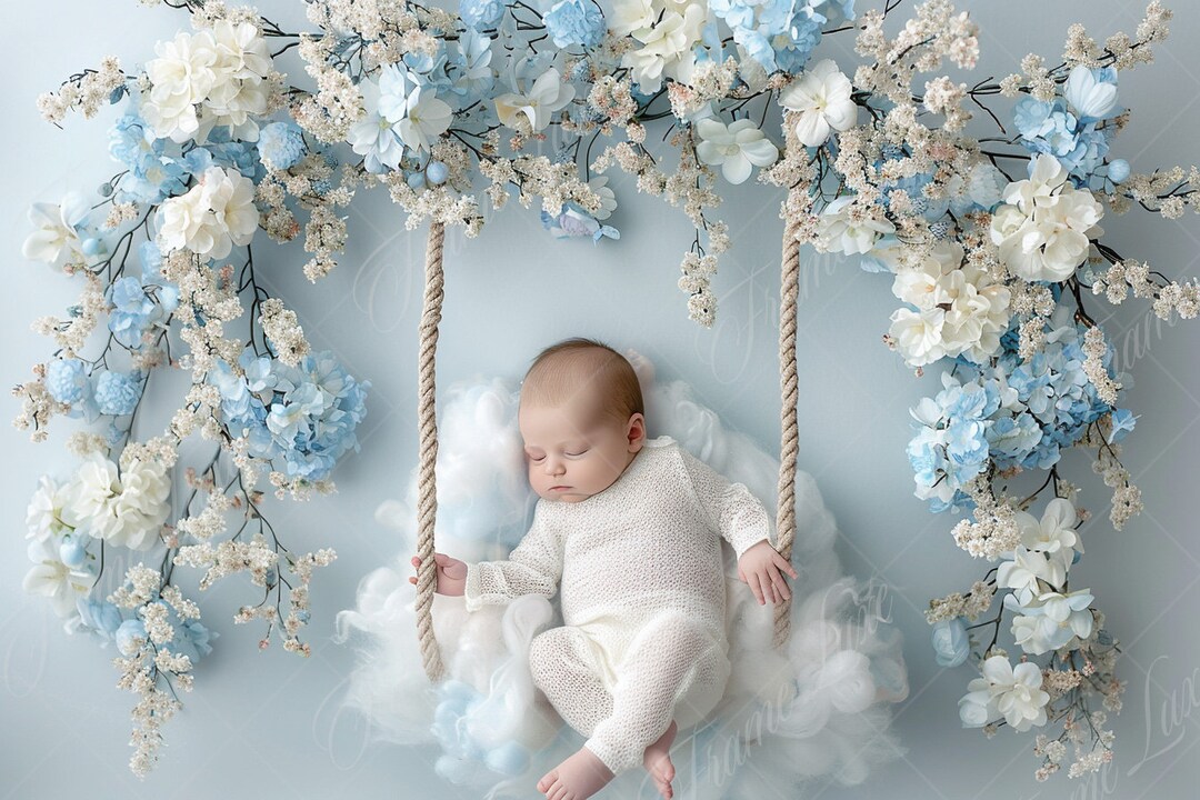 Newborn Digital Background, Blue Flower Cloud Swing, Baby Girl, Fine ...