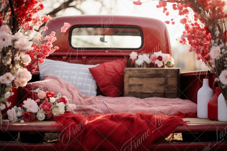 Valentines Spring Red Truck Digital Background, Fine Art Portrait ...