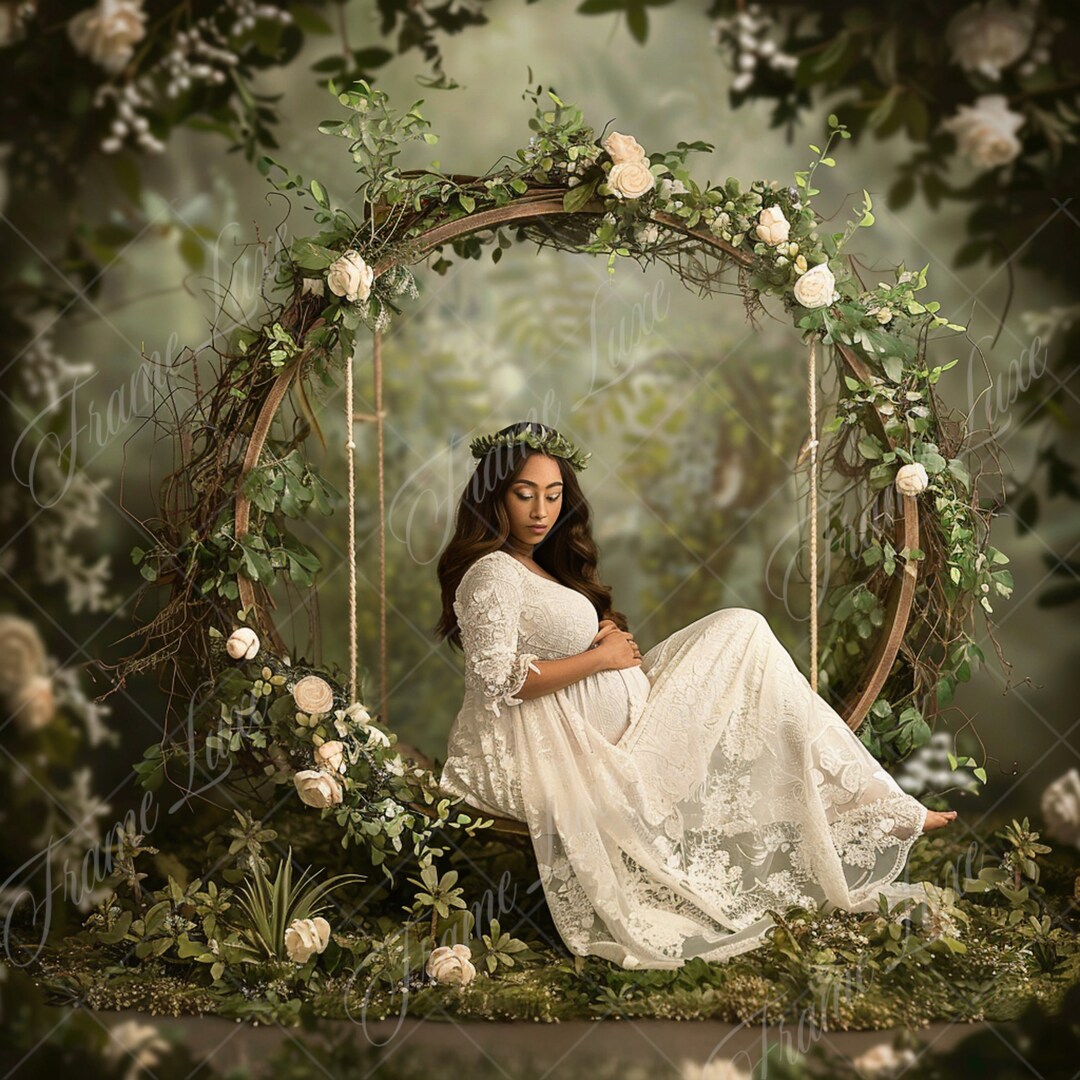 Maternity Digital Backdrop, Green Rustic Flower Hoop, Fine Art Portrait ...